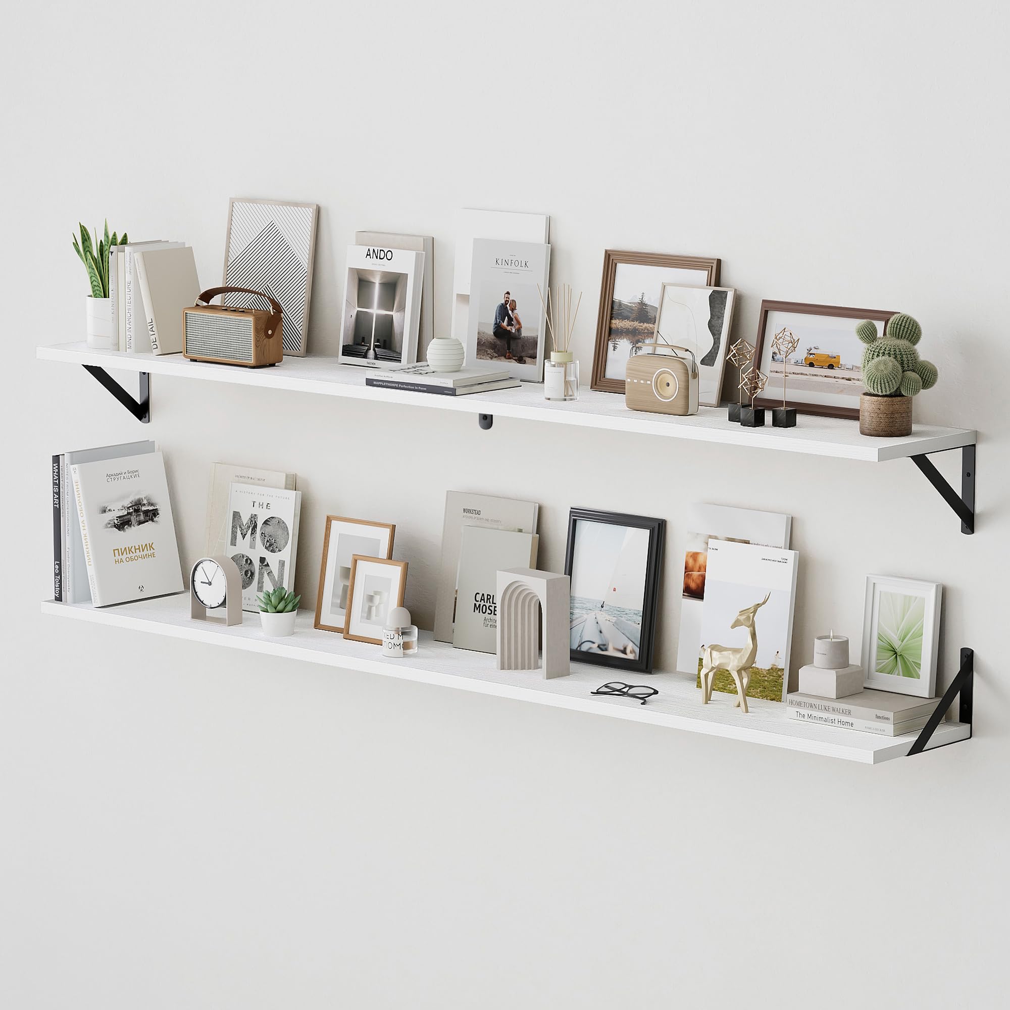 Fun Memories Deep Floating Shelves for Wall, 55W x 8D Wall Mounted Shelves Set of 2, Wide Display Ledges Shelves with Sturdy Metal Brackets for Living Room, Bathroom, Bedroom and Kitchen, White