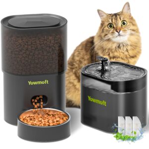 automatic cat feeder & cat fountain, 3l timed cat food dispenser for dry food, 10 portions 1-4 daily meals auto cat feeder with desiccant bag, cat water dispenser with filter, wire or battery powered