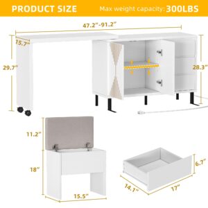 DWVO Vanity desk with Power Outlets & LED Lights - 360 Rotatable Makeup Vanity with 5 Drawers, Makeup Table with Fluted Panel Adjustable Cabinet, Extensible from 47.2" to 91.2", (Mirrors not included)