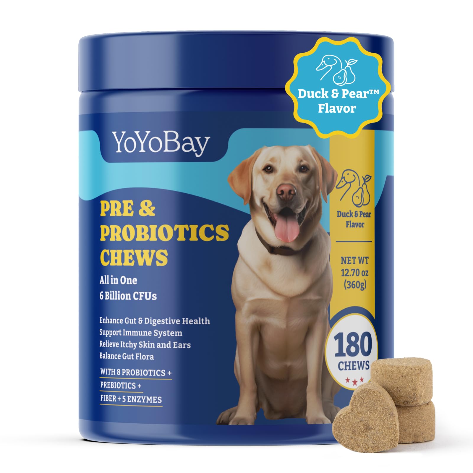 Probiotics for Dogs - Dog Probiotics for Yeast Balance, Itchy Skin, Gut, Immune & Skin Health - 6 Billion CFUs, 180 Soft Chews, Duck & Pear Flavor - with Prebiotics & Digestive Enzymes