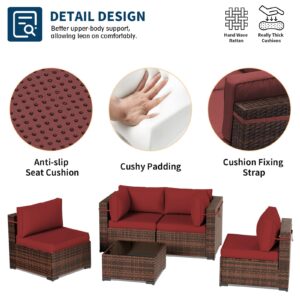 UDPATIO Patio Furniture Sets, Modular Rattan Outdoor Patio Sectional Furniture Sofa Set, Wicker Patio Conversation Set for Backyard, Deck w/Table, 5pc Brown/Red (Include Sofa Cover)