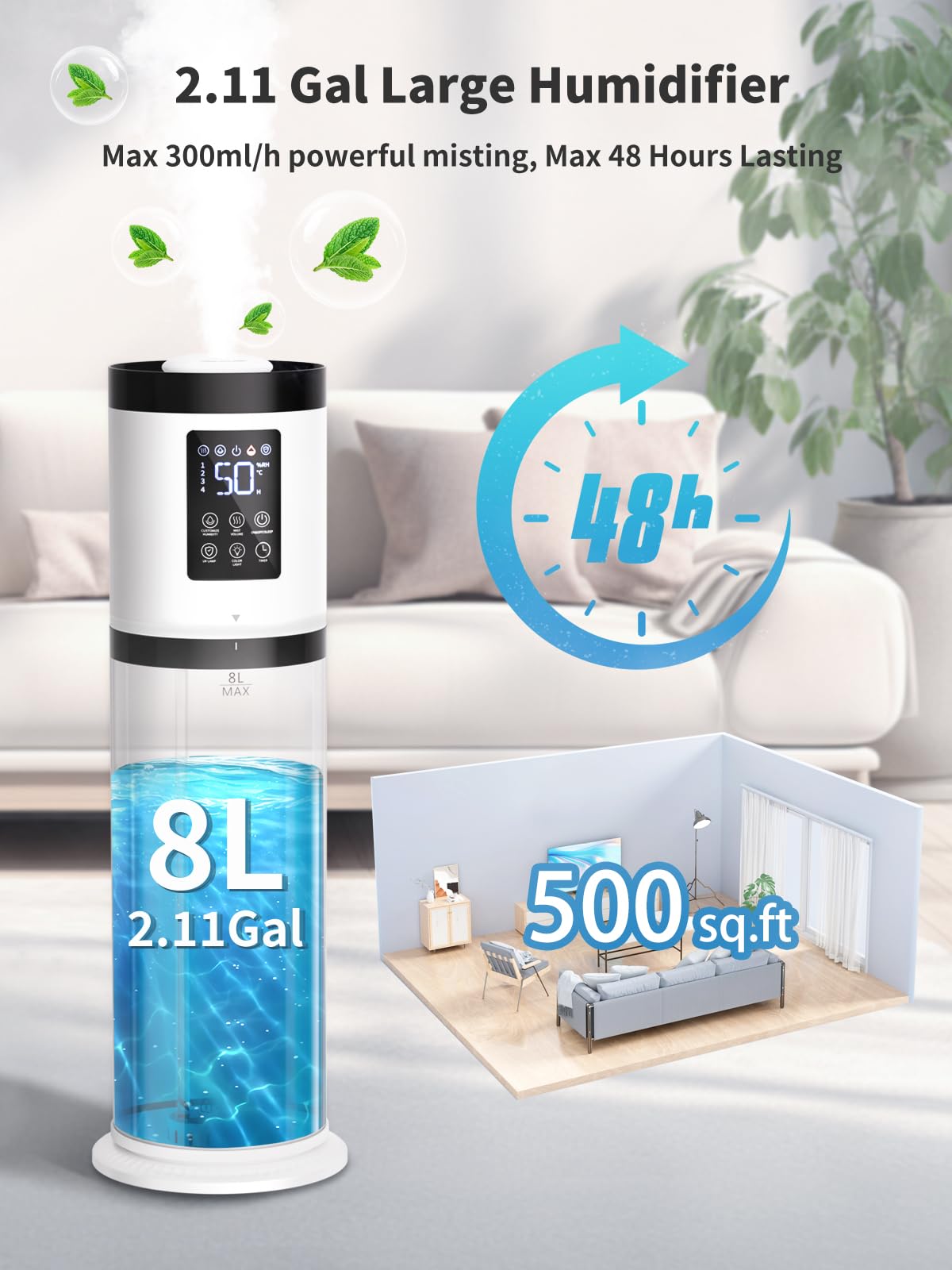 Humidifiers for Bedroom Large Room, 8L Large Capacity Cool Mist Humidifier, Air Humidifiers for Home, Smart Humidity Setting, Easy Top Fill, Sleep Mode, Essential Oil Box & Ambient Light, Auto Shutoff