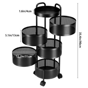 Rotating Storage Rack for Kitchen,Fruit Vegetable Basket,5 Tier Round Metal Storage Basket Shelves,Rotating Tower Organizer with Rolling Wheels for Fruit Vegetable Grocery Corns Potato Onion Black