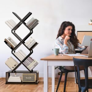 HI NINGER Folding Bookshelf,9 Tier Tree Bookshelf with Storage Cabinet,Stylish Design Metal Bookshelf for Display of CDs,Books in Living Room,Home Office,Tall Floor Standing Book Organizer for Bedroom