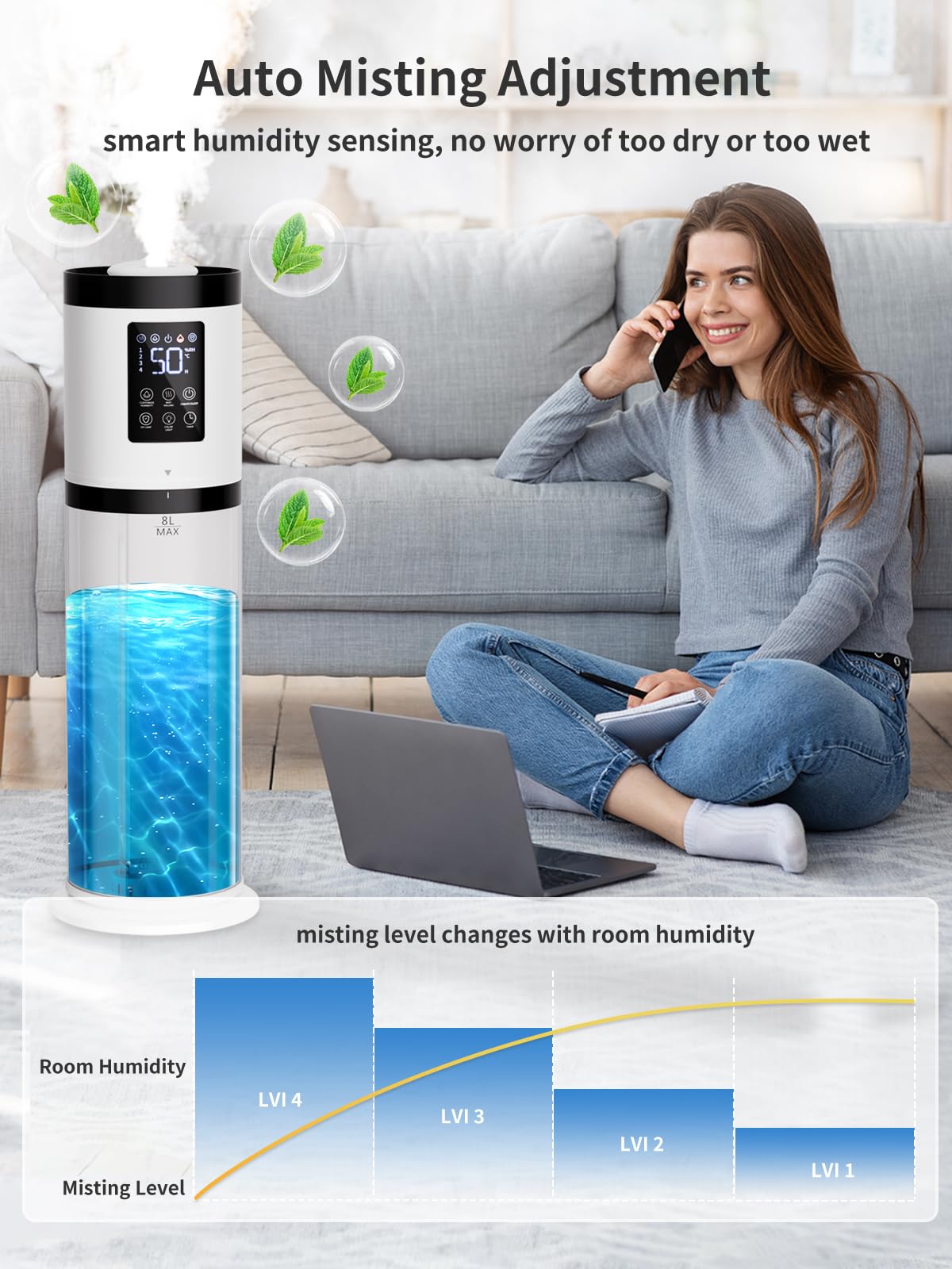 Humidifiers for Bedroom Large Room, 8L Large Capacity Cool Mist Humidifier, Air Humidifiers for Home, Smart Humidity Setting, Easy Top Fill, Sleep Mode, Essential Oil Box & Ambient Light, Auto Shutoff