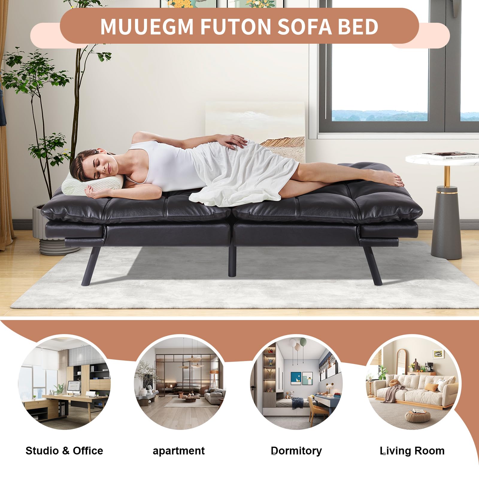 MUUEGM Faux Leather Futon Couch Bed,Convertible Memory Foam Futons Sofa Bed,Folding Sleeper Sofa Loveseat for Living Room,Office,Apartment,Small Space,71" Adjustable Backrest Armrests, Black