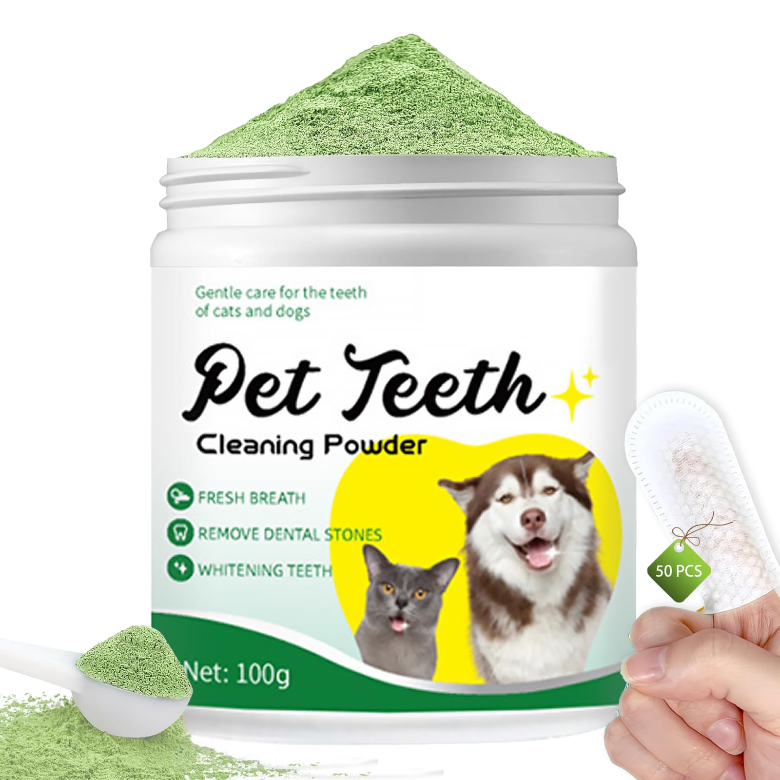 Dog Teeth Cleaning Powder,Dog Teeth Cleaning Kit with Finger Wipes,Dog Breath Freshener with Probiotics, Improve Oral Gastrointestinal Health Reduces Plaque Bad Breath for All Dogs and Cats