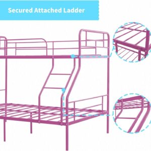 Bunk Bed Twin Over Full, Bunk Beds Twin Over Full with Metal Guardrail and Ladder, Space-Saving, Heavy Duty Queen Bunk Bed for Boys, Girls, Teens, Adult,No Box Spring Needed (Pink)