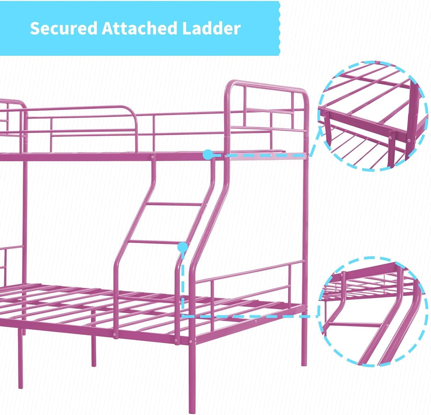 Bunk Bed Twin Over Full, Bunk Beds Twin Over Full with Metal Guardrail and Ladder, Space-Saving, Heavy Duty Queen Bunk Bed for Boys, Girls, Teens, Adult,No Box Spring Needed (Pink)