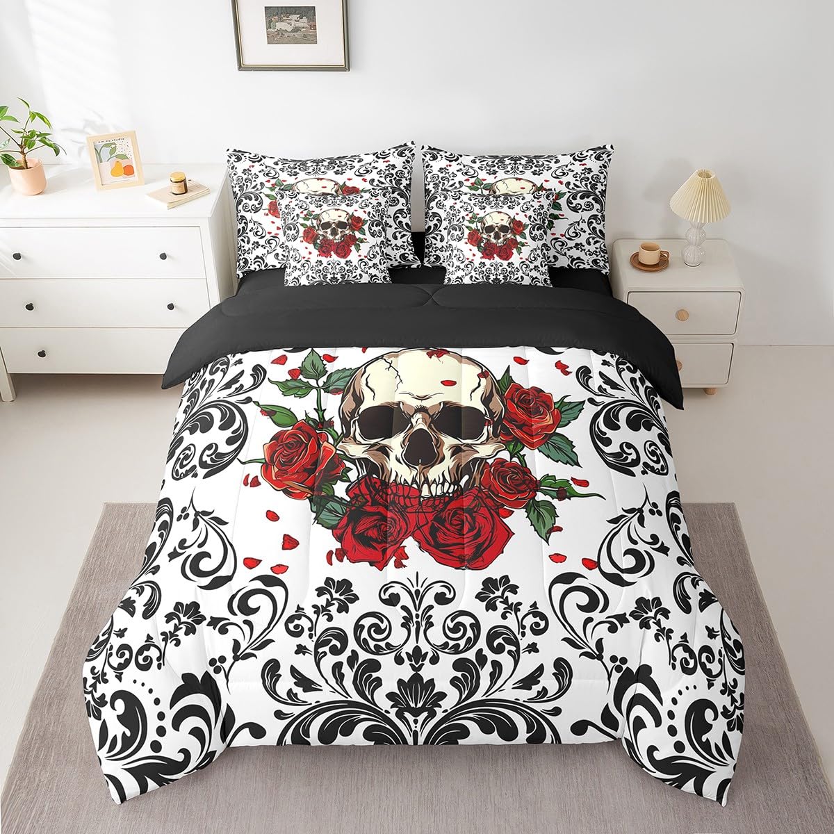 Erosebridal Skull Red Roses 7 Piece Bedding Set King Black Damask Floral Gothic Bed in A Bag Halloween Skull Skeleton Comforter Set with Sheets for Kids Boys Adults,Goth Hippie Skull Bed Set White