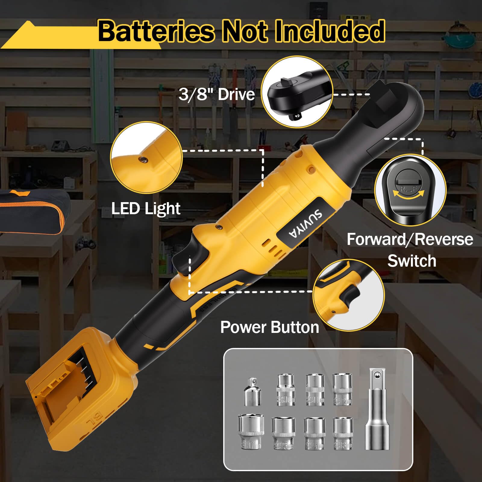 3/8" Cordless Ratchet Wrench Compatible With Dewalt 20V MAX Battery, 74Ft-Lbs Brushless Motor Power Ratchet Wrench with 1/4" Adapter, Power Electric Ratchet drive (Tool Only)