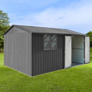 dhpm sheds outdoor 8ft x 6ft with window & oversized storage clearance,metal anti-corrosion utility tool house with lockable hinged door & shutter vents,waterproof garden steel for backyard lawn patio