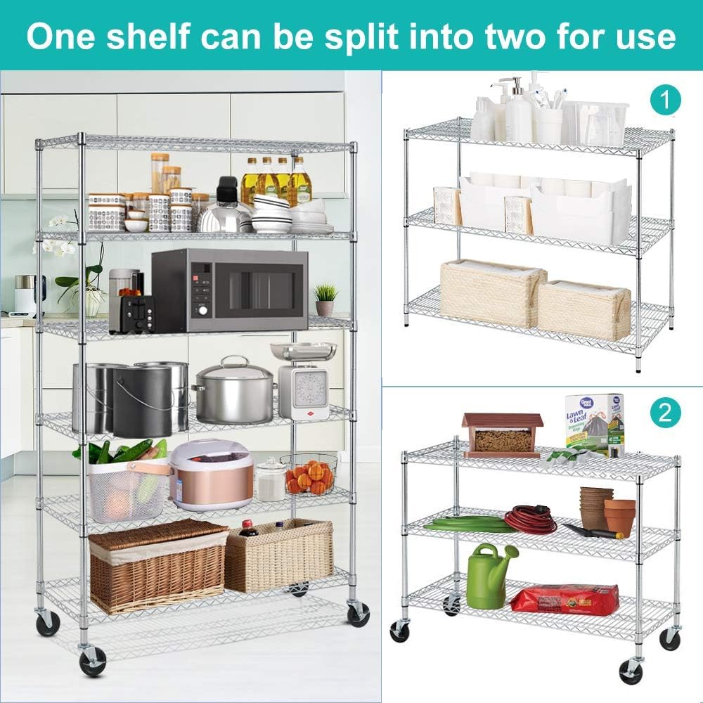 6-Tier Storage Shelves Wire Shelving with Wheels Heavy Duty Metal Shelves Tall Steel Shelving Units Adjustable 6000lbs Capacity Rolling Shelf Racks for Restaurant Garage Pantry Kitchen, Chrome