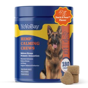 yoyobay calming chews for dogs - dog calming chews for anxiety relief, separation aid, travel, thunderstorms - 180 soft chews, duck & pear flavor - with valerian root, melatonin, hemp oil