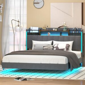 Full Size Floating Bed Frame with Charging Station,RGB Light,2-Tier Upholstered Headboard & 2 Hidden Storage Space,Heavy Duty Slat Support,Sturdy & Stable,Line Tufted, No Box Spring Needed, Dark Gray