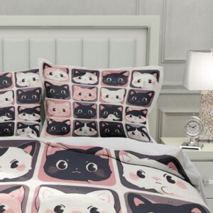 Lokaluo Cat Duvet Cover Twin Size 3D Printed Fat Cats Twin Duvet Cover Set White Pink Kitten Pattern Animal Theme Cat Lovers Bedding Set Room Decor 3 Pcs Comforter Cover with 2 Pillowcases