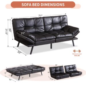 MUUEGM Faux Leather Futon Couch Bed,Convertible Memory Foam Futons Sofa Bed,Folding Sleeper Sofa Loveseat for Living Room,Office,Apartment,Small Space,71" Adjustable Backrest Armrests, Black