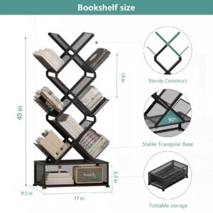 HI NINGER Folding Bookshelf,9 Tier Tree Bookshelf with Storage Cabinet,Stylish Design Metal Bookshelf for Display of CDs,Books in Living Room,Home Office,Tall Floor Standing Book Organizer for Bedroom