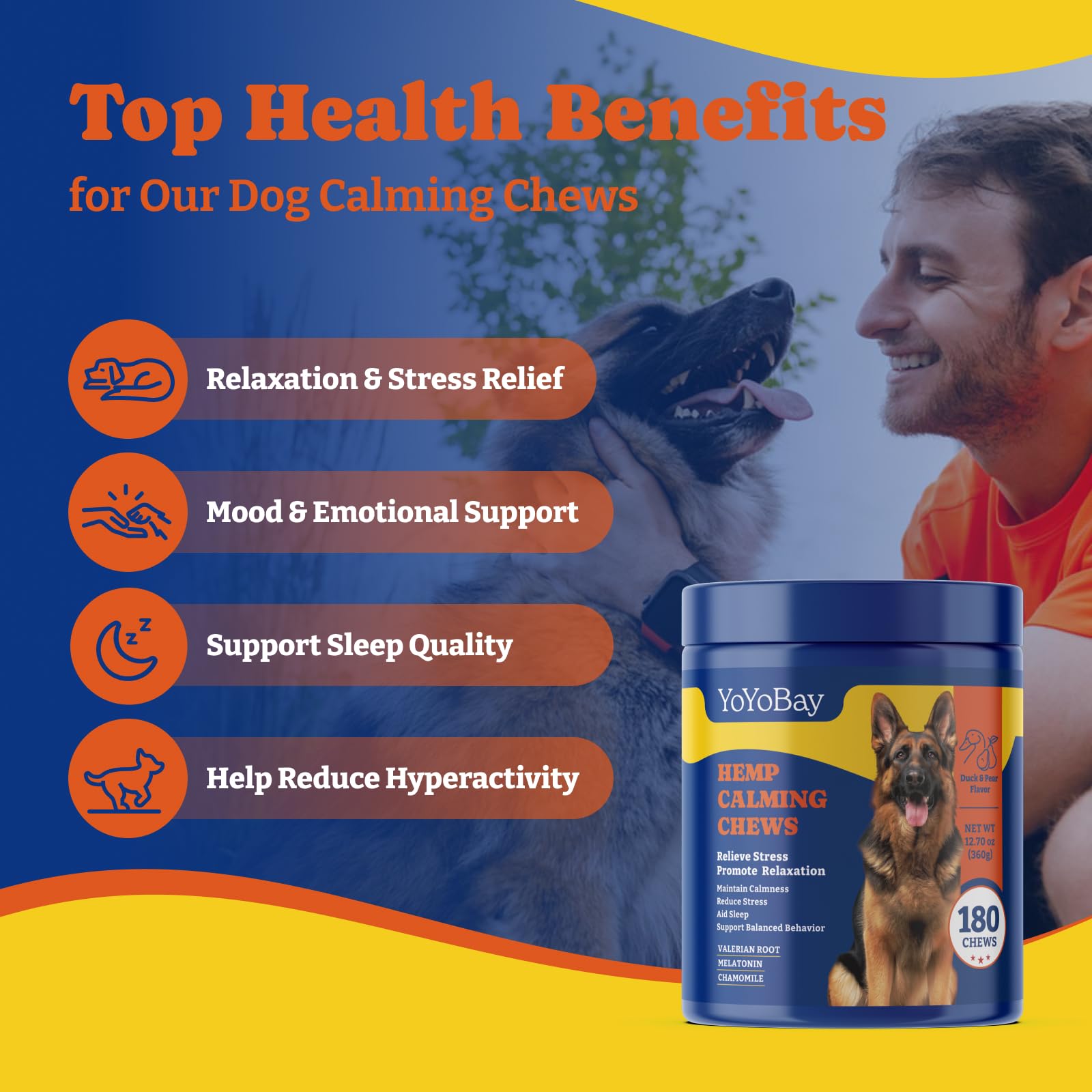 YoYoBay Calming Chews for Dogs - Dog Calming Chews for Anxiety Relief, Separation Aid, Travel, Thunderstorms - 180 Soft Chews, Duck & Pear Flavor - with Valerian Root, Melatonin, Hemp Oil