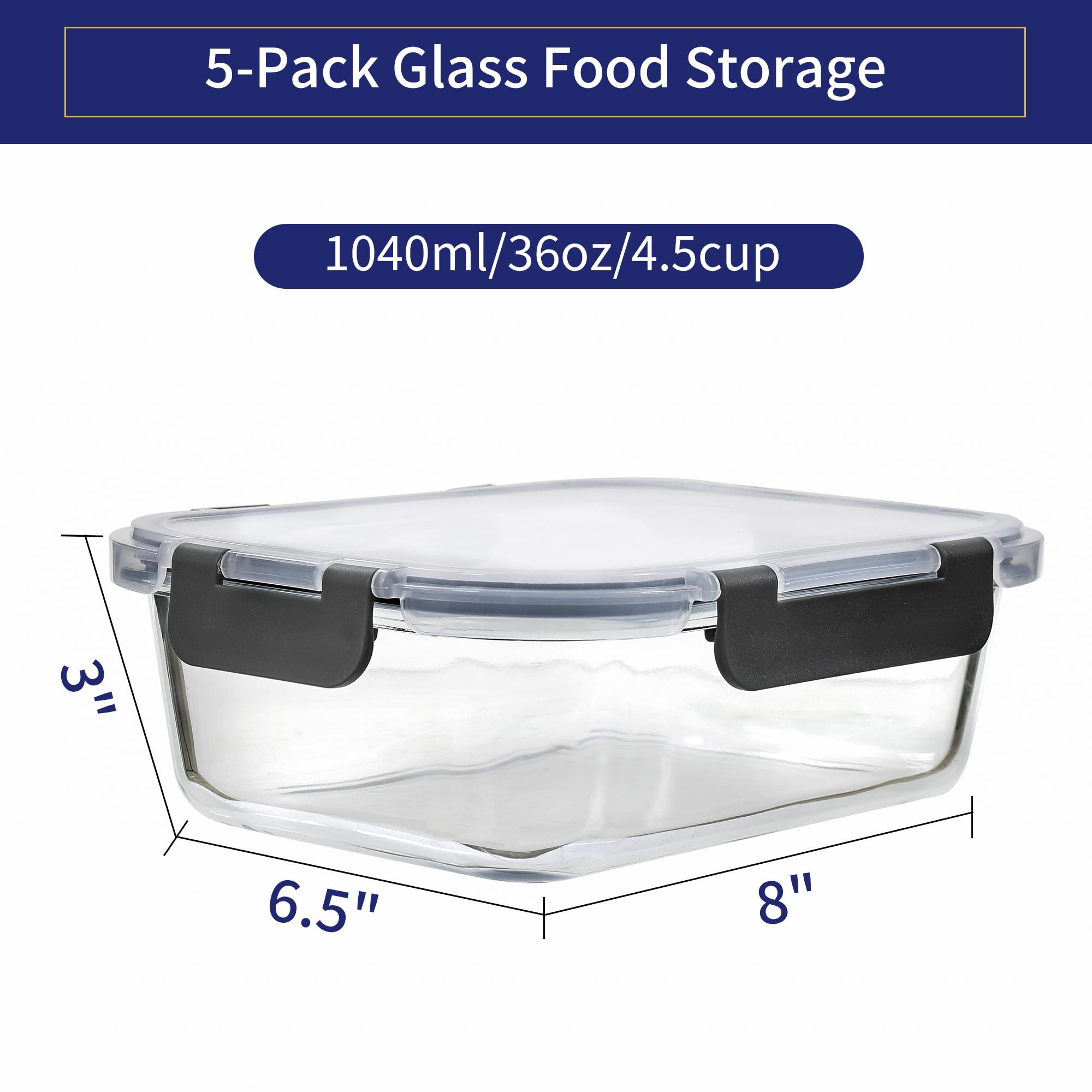 MFY 5-Pack 36 OZ Glass Storage Containers with Lids, Glass Meal Prep Containers Set, Airtight Glass Lunch Containers with Lids, Microwave, Oven, Freezer and Dishwasher Safe, Gray