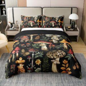 erosebridal 100% cotton mushroom duvet cover full size, summer butterflies flowers bedroom decor comforter cover, natural botanical bedding set for bedroom, red black green leaves quilt cover