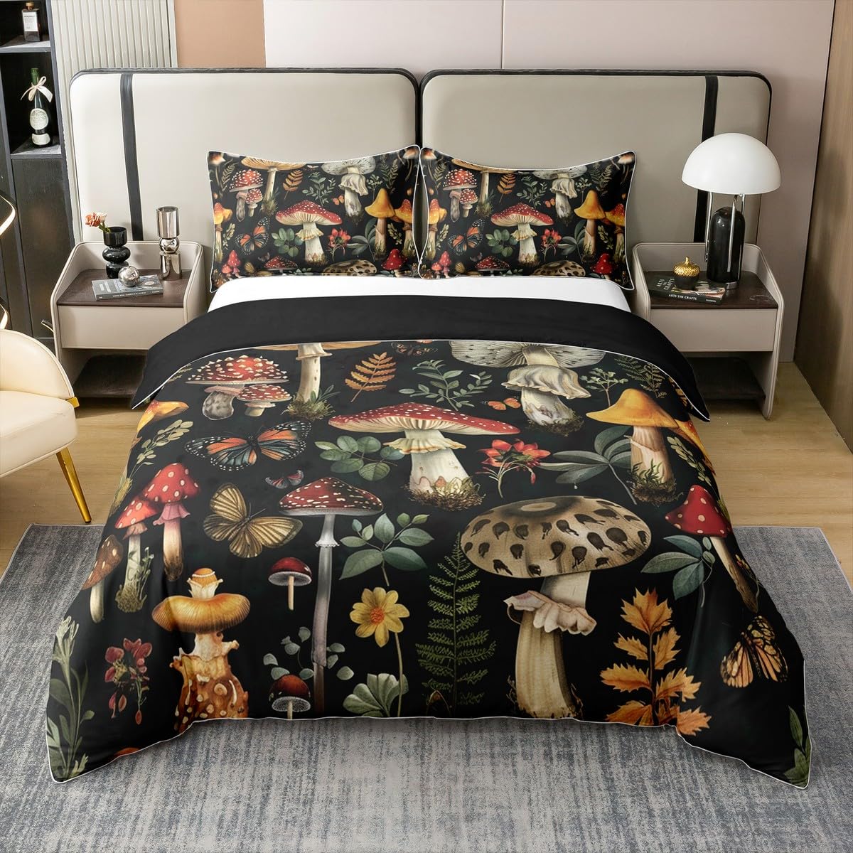 Erosebridal 100% Cotton Mushroom Duvet Cover Full Size, Summer Butterflies Flowers Bedroom Decor Comforter Cover, Natural Botanical Bedding Set for Bedroom, Red Black Green Leaves Quilt Cover