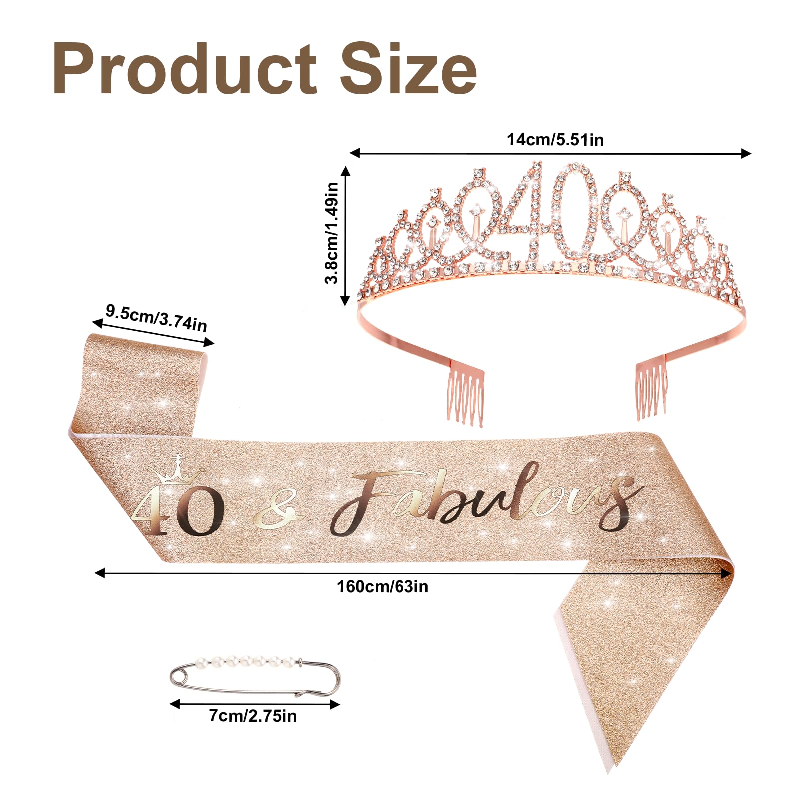 40th Birthday Decorations for Women, 40th Birthday Gifts for Women Including 40th Birthday Crown/Tiara＋40th Birthday Sash for Women＋Pearl Pin, 40th Rhinestone Crown Kit (Rose Gold)