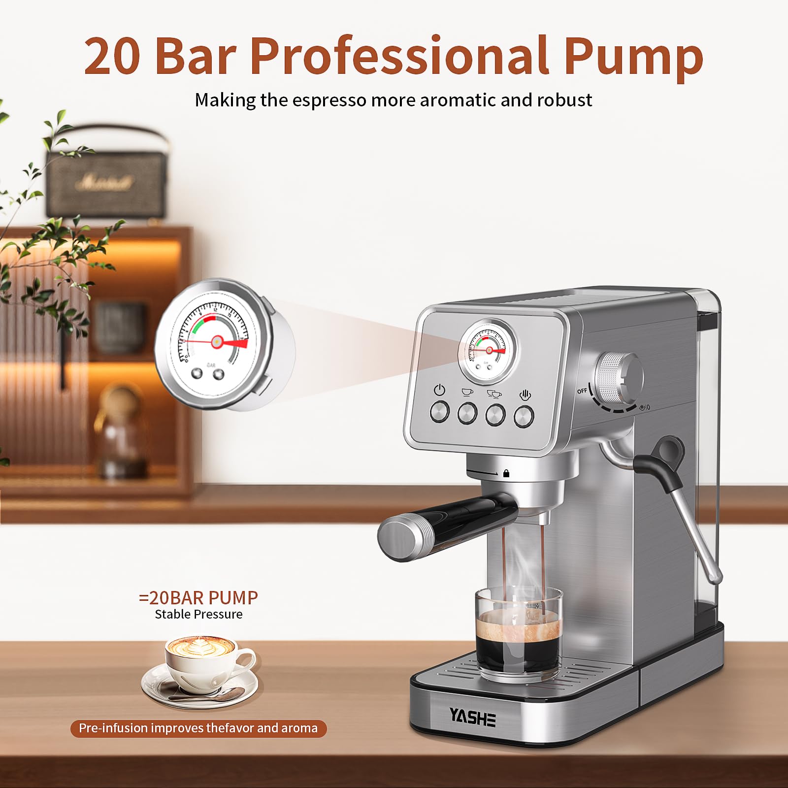 YASHE Espresso Machines, Upgraded 1350W Espresso Maker with Milk Frother Steam Wand and 37.2oz Removable Water Tank, 20 Bar Semi-Automatic Steam Espresso Coffee Maker, Cappuccino Machine for Home