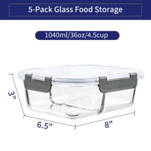 MFY 5-Pack 36 OZ Glass Storage Containers with Lids, Glass Meal Prep Containers 2 Compartment Set, Airtight Glass Lunch Containers with Lids, Microwave, Oven, Freezer and Dishwasher Safe, Gray