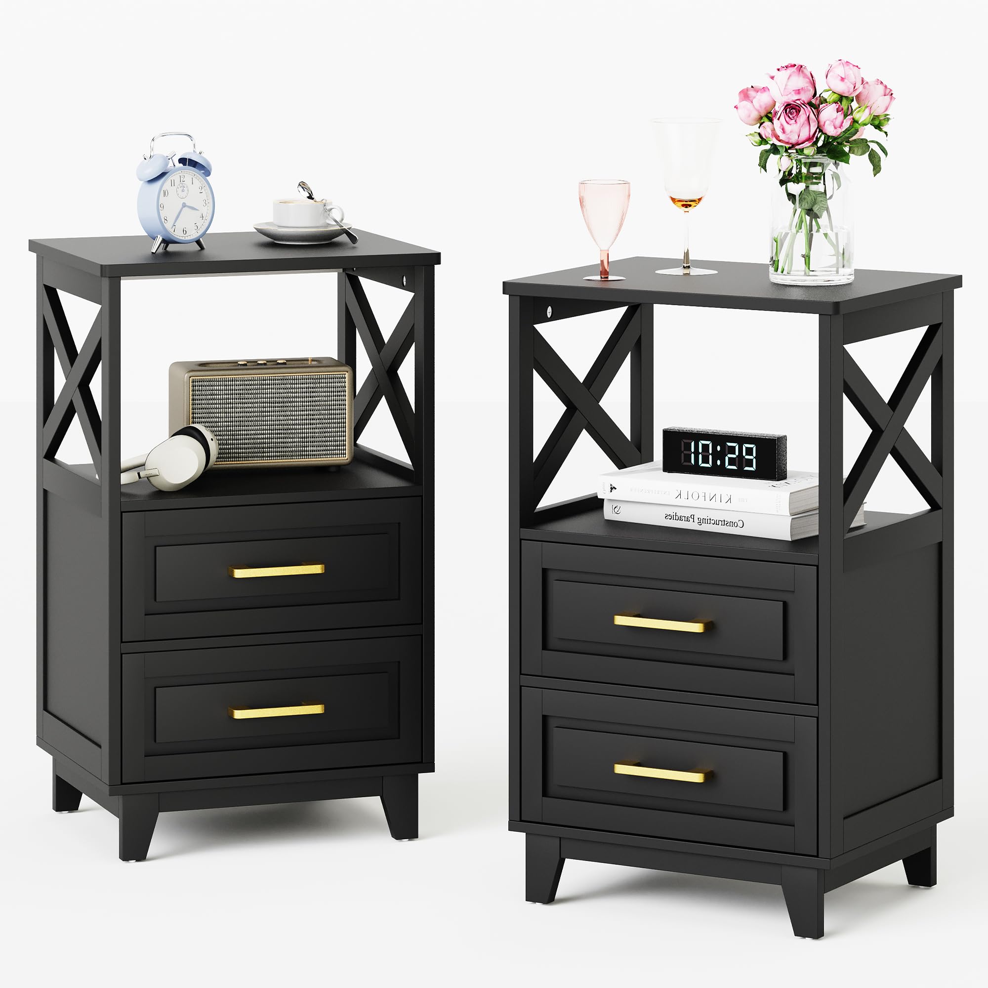 May in Color Nightstand Set of 2, Side Table with 2 Drawers and Open Shelf, Bedside Table with Solid Feet, Modern Night Stand End Table for Bedroom, Living Room, Home Office, Black