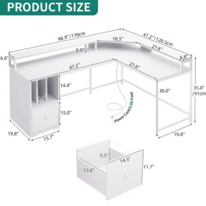 DWVO L Shaped Desk with Drawer & 3 Cubbies Storage Shelves, 67" Corner Computer Desk with Power Outlets & LED Lights, L-Shaped Office Desk with Monitor Stand, White