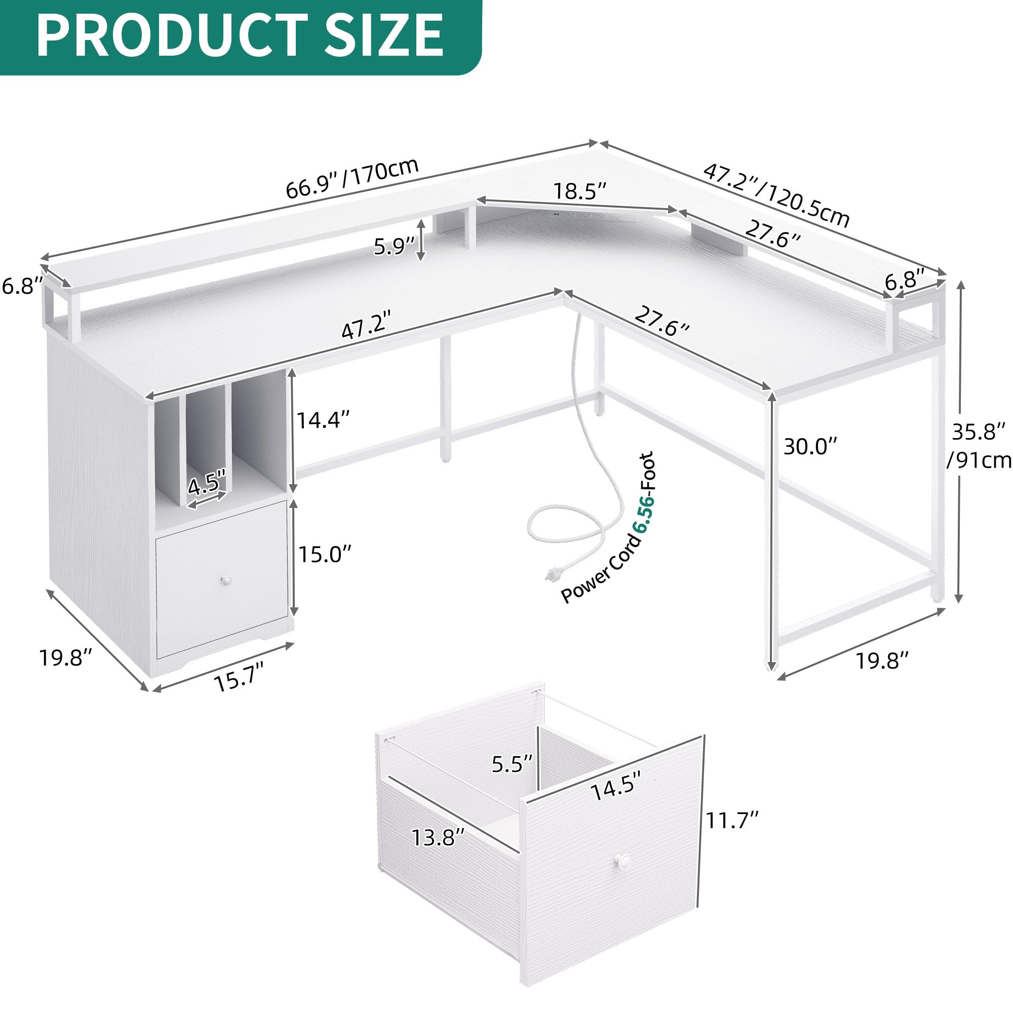 DWVO L Shaped Desk with Drawer & 3 Cubbies Storage Shelves, 67" Corner Computer Desk with Power Outlets & LED Lights, L-Shaped Office Desk with Monitor Stand, White