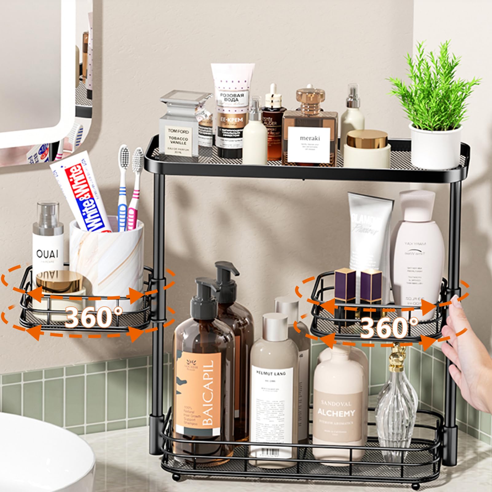 VITVITI 3 Tier Bathroom Organizer Countertop, Metal Wire Bathroom Counter Vanity Organizer Storage, Mesh Bathroom Sink Kitchen Shelf Rack with 360 Rotating Basket, Black