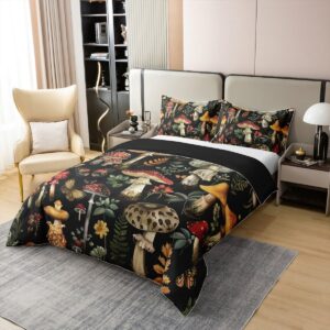 Erosebridal 100% Cotton Mushroom Duvet Cover Full Size, Summer Butterflies Flowers Bedroom Decor Comforter Cover, Natural Botanical Bedding Set for Bedroom, Red Black Green Leaves Quilt Cover