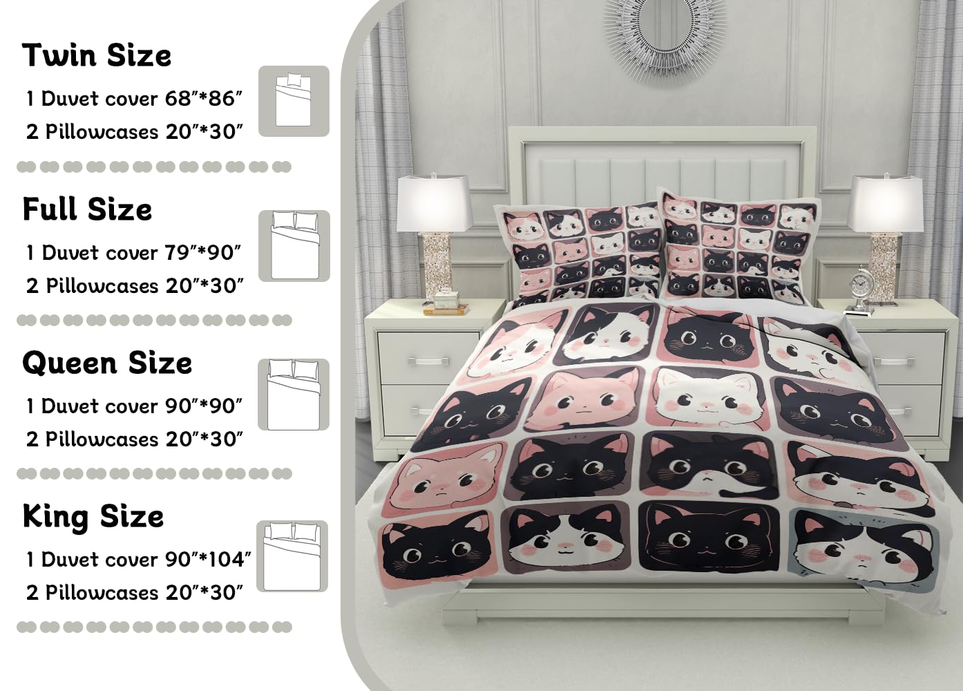 Lokaluo Cat Duvet Cover Twin Size 3D Printed Fat Cats Twin Duvet Cover Set White Pink Kitten Pattern Animal Theme Cat Lovers Bedding Set Room Decor 3 Pcs Comforter Cover with 2 Pillowcases