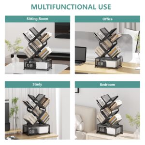 HI NINGER Folding Bookshelf,6 Tier Tree Bookshelf with Storage Cabinet,Small Bookcase Tower for Books/CDs/Movies, Floor Standing Book Shelf for Bedroom/Living Room/Home Office (Black, 6 Tier)