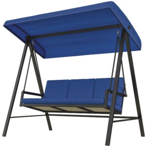 outsunny 3-seat outdoor porch swing with stand, heavy duty patio swing chair with adjustable canopy, breathable mesh seat, removable cushions for backyard, garden, and poolside, blue