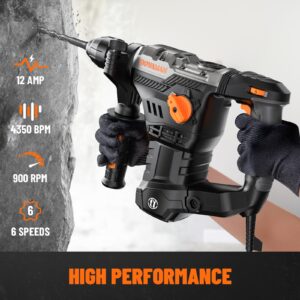 DOVAMAN RH15A 1-9/16'' SDS-Plus Rotary Hammer Drill, 4 in 1 Functions, Multi-material Use, Safety Clutch, 6 Speeds, SDS-Plus Adaptor, 4350BPM/900RPM, Vibration Control, Demolition Hammer for Concrete