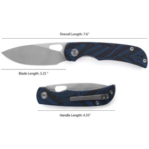 Miguron Knives M Moyarl Folding Knife,3.25" Satin 14c28n Blade Blue Damascus G10 Handle With Titanium Pocket Clip, Camping Hiking Pocket Knife MGR-806DBU