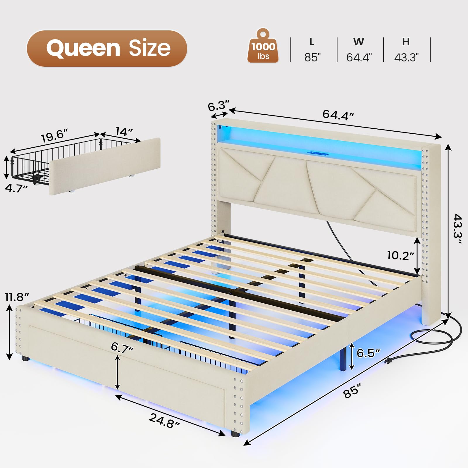 AOGLLATI Queen Bed Frame with Storage Drawers, Charging Station, Upholstered Led Bed Frame Queen Size with Storage Headboard, No Box Spring Needed, Beige