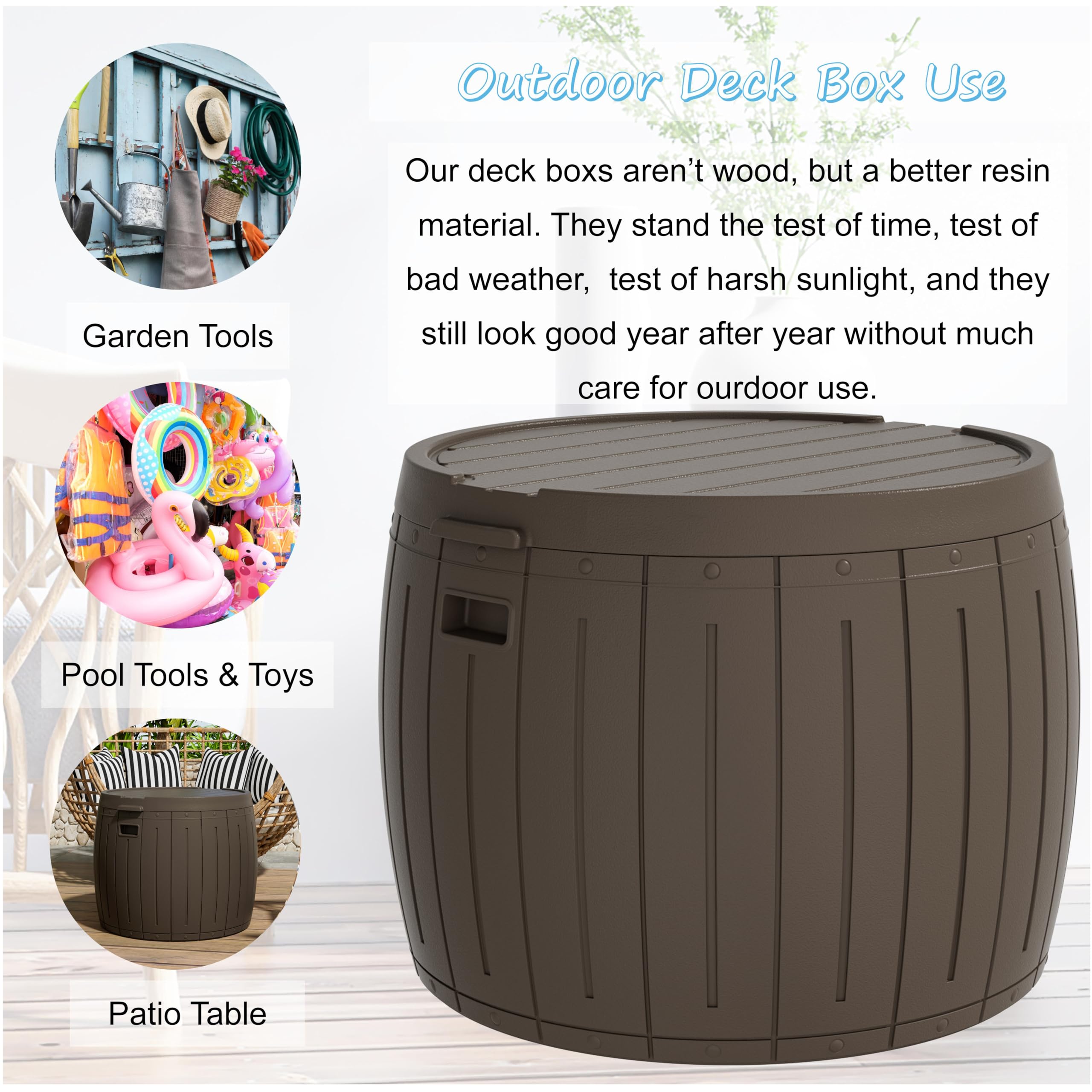 Mrosaa Deck Box Storage Box, Round Patio Table, Waterproof Outdoor Storage Box for Towels, Patio Furniture, Pool Tools, Outdoor Uses, Sports Equipment, Waterproof/UV Resistant, 27 Gallons Brown