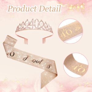 40th Birthday Decorations for Women, 40th Birthday Gifts for Women Including 40th Birthday Crown/Tiara＋40th Birthday Sash for Women＋Pearl Pin, 40th Rhinestone Crown Kit (Rose Gold)