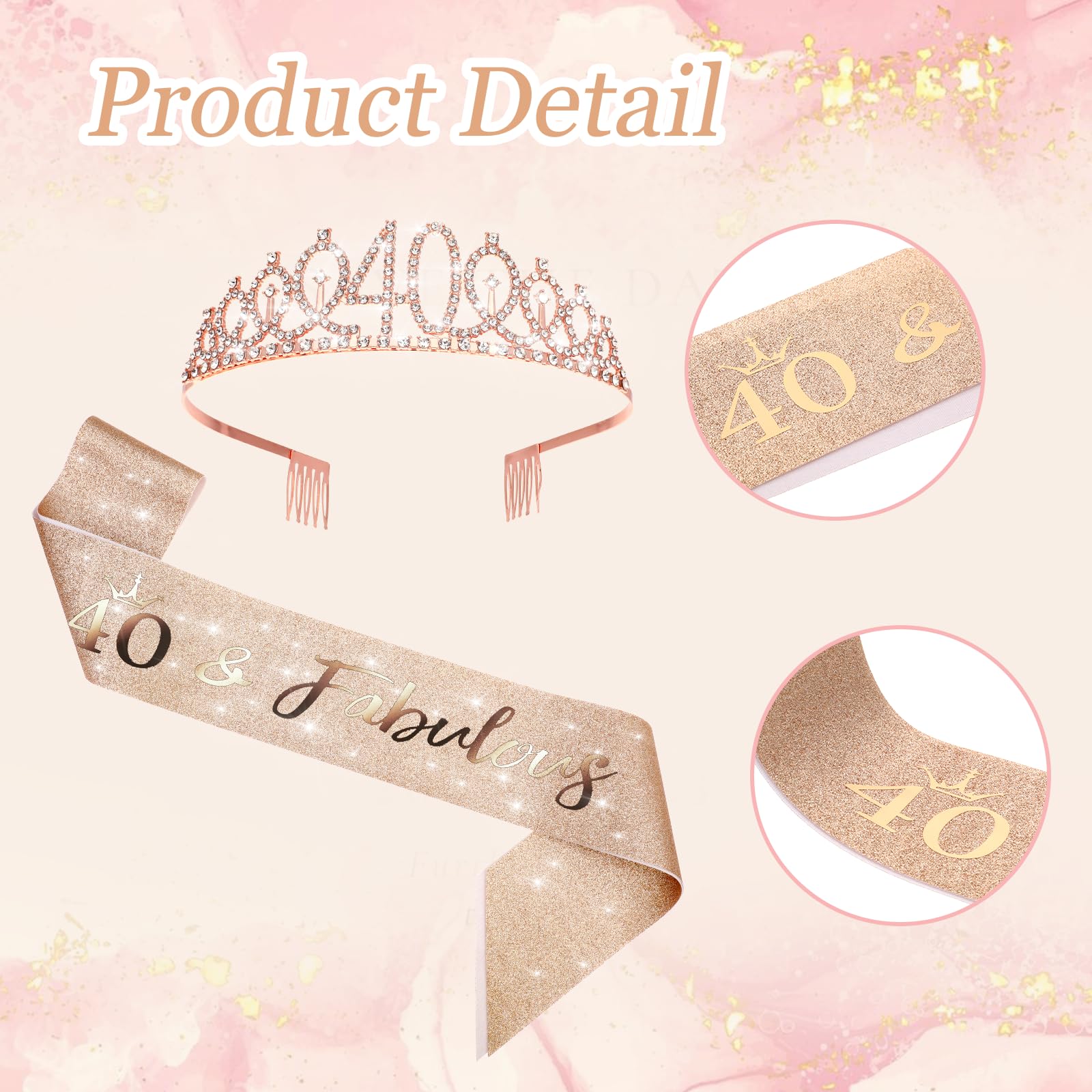 40th Birthday Decorations for Women, 40th Birthday Gifts for Women Including 40th Birthday Crown/Tiara＋40th Birthday Sash for Women＋Pearl Pin, 40th Rhinestone Crown Kit (Rose Gold)