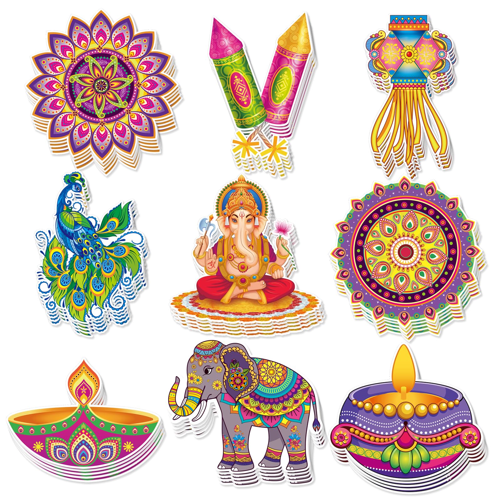 Diwali Paper Cutout Decorations for Home,Diwali Decor with Rangoli Peacock Ganesh Diya Elephant for Rangoli Deepavali Party Decorations Supplies-45 Pcs