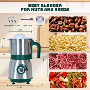 Spice and Nut Grinder, Electric Spice Grinders, Espresso Grinder with 3 Stainless Steel Blades, 1 Filter and 1 Brush,500W Wet & Dry Grinder for kitchen.(Green）