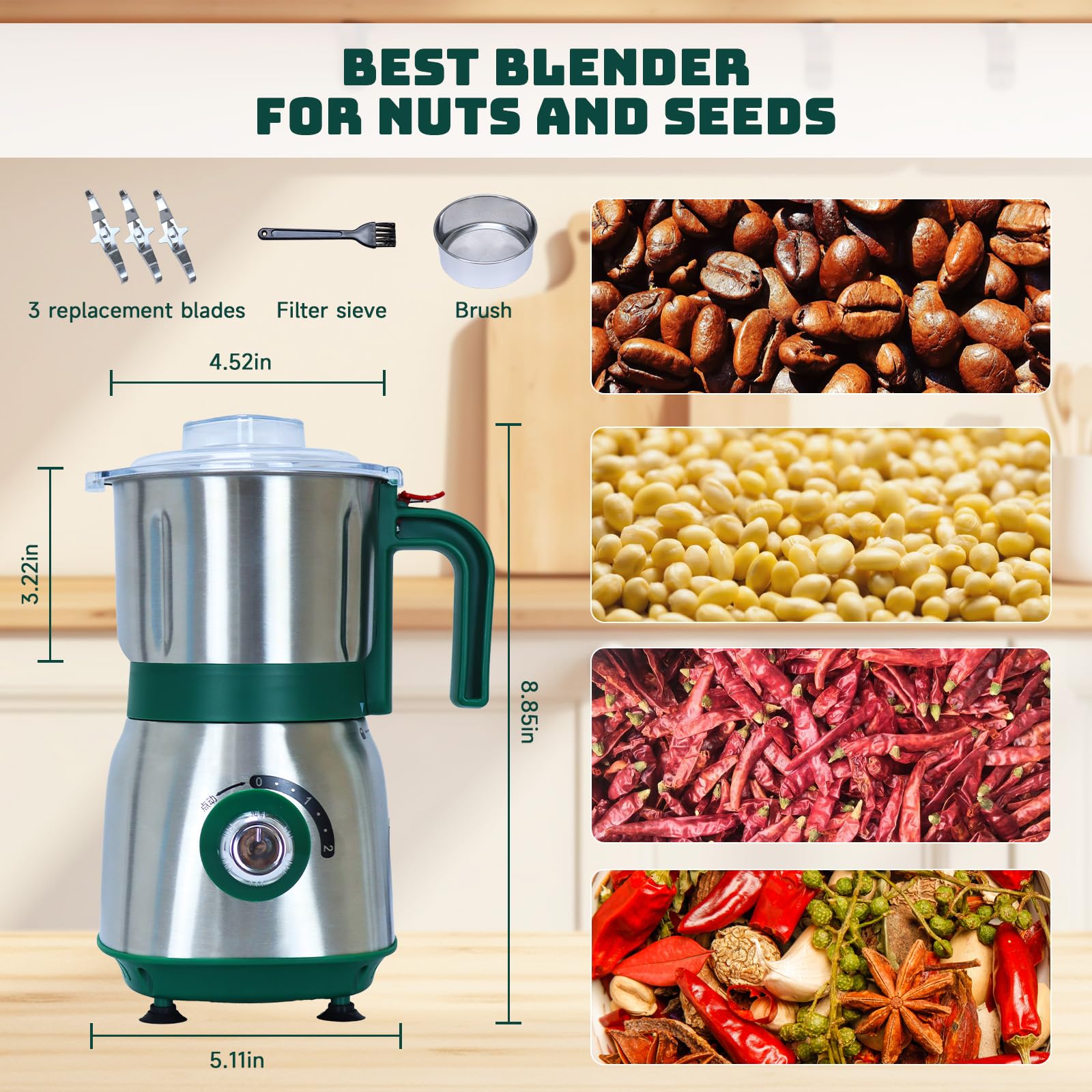 Spice and Nut Grinder, Electric Spice Grinders, Espresso Grinder with 3 Stainless Steel Blades, 1 Filter and 1 Brush,500W Wet & Dry Grinder for kitchen.(Green）