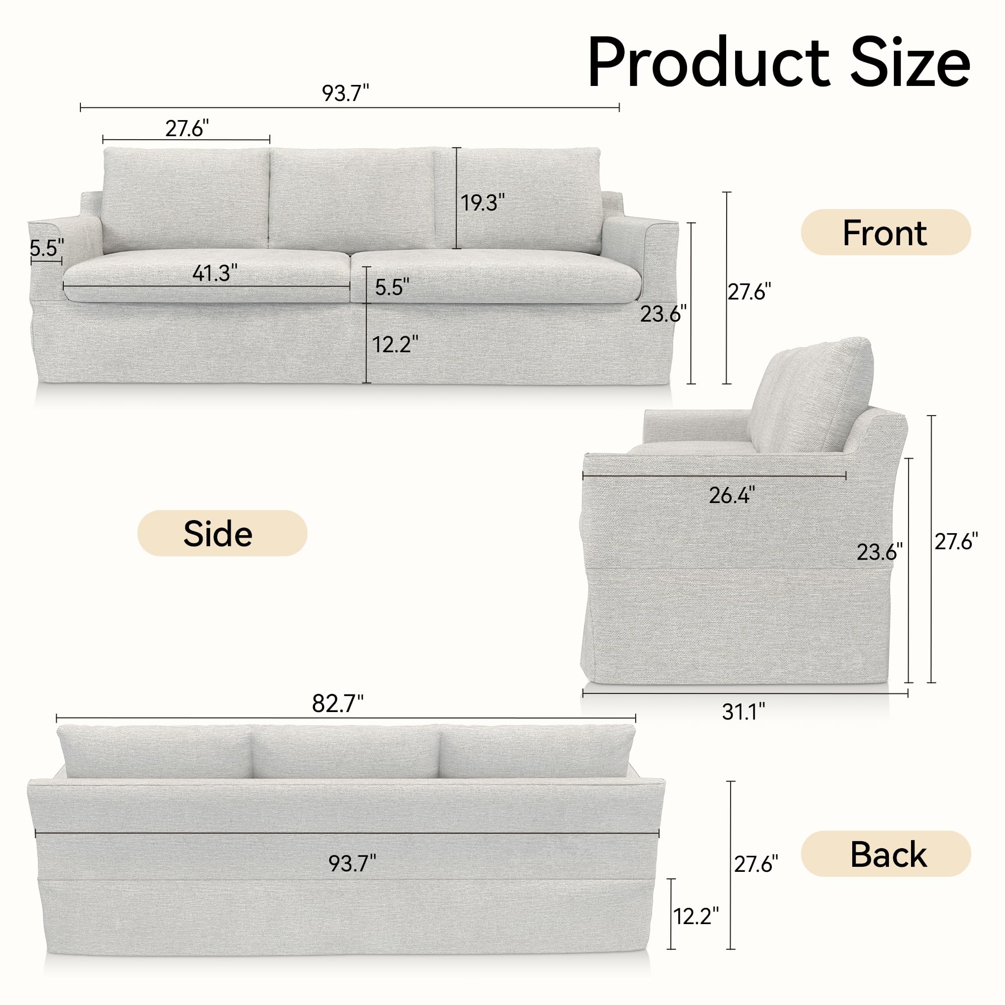 AMICLIBER 93 Inch Slipcovered Sofa,Comfy 3-Seater Sofa Couch with Extra Deep Seats,Modern Upholstered Loveseat with Wide Armrest,Removable Chenille Cover,Couch for Living Room,Office,Apartment,Beige