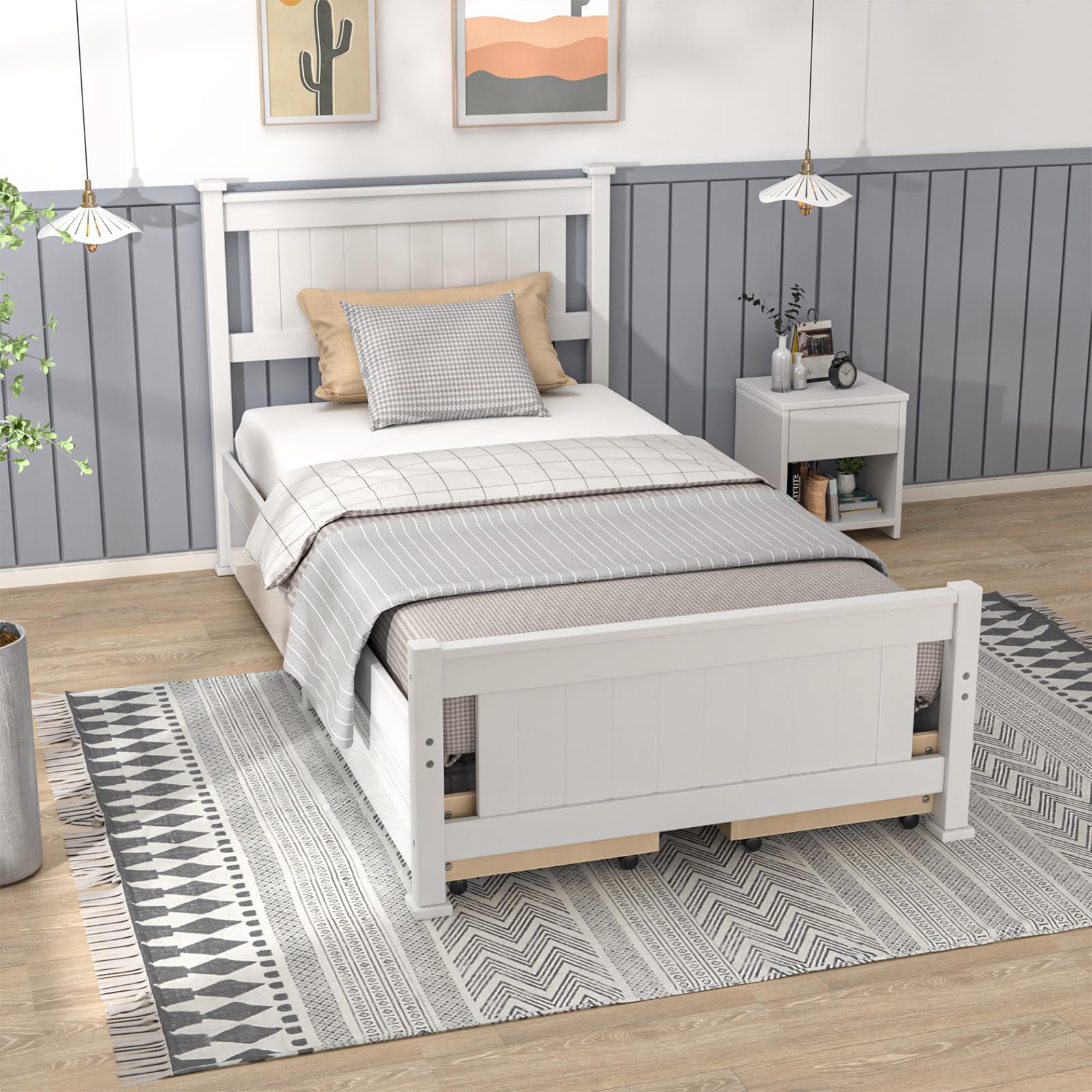 VINGLI Twin Size Bed Frame with 4 Drawers on Wheels and Headboard, Twin Wood Platform Bed with Storage Underneath, Mattress Foundation with Wooden Slats Support, No Box Spring Needed, White