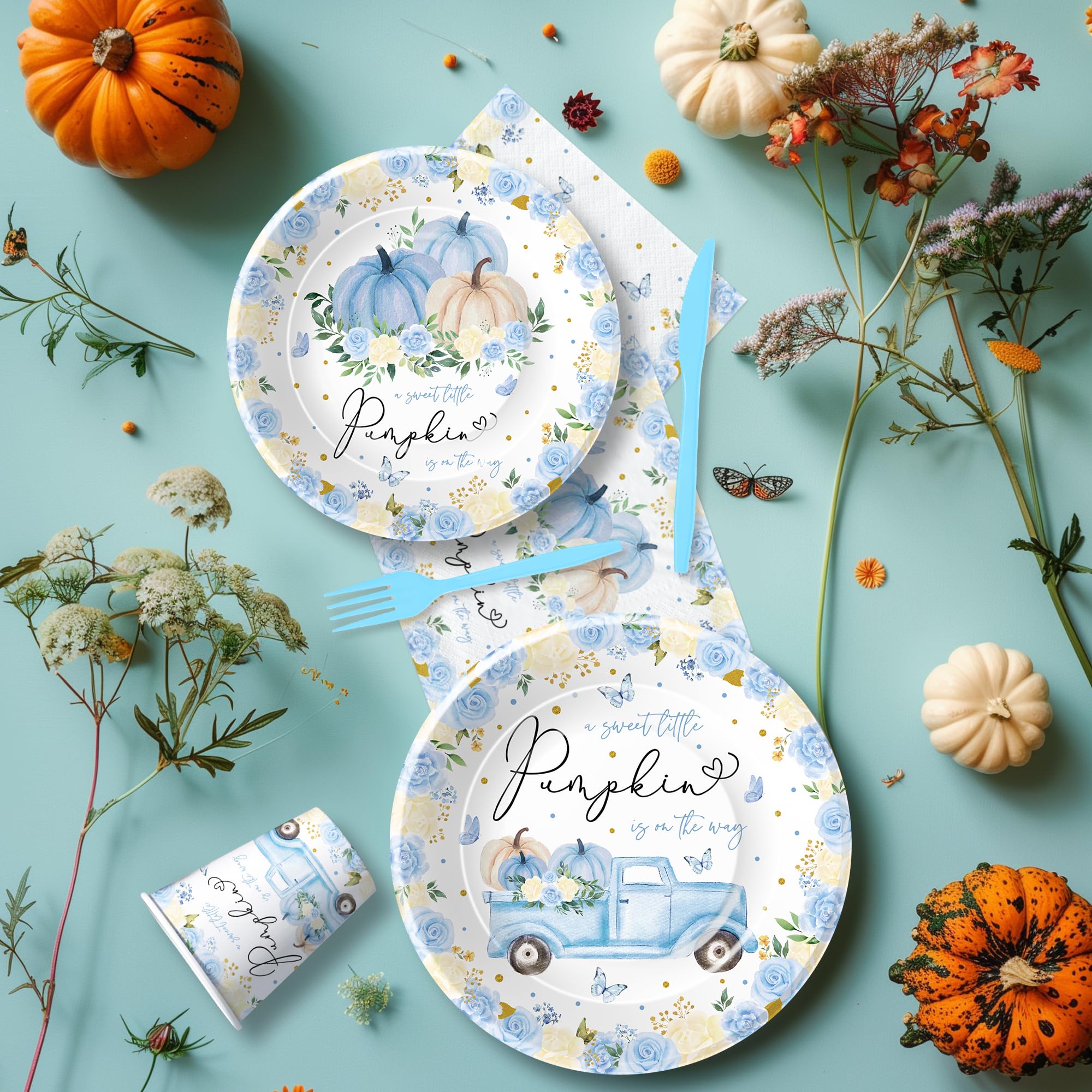 Srua Don Pumpkin Baby Shower Decorations Tableware, Blue Little Pumpkin Baby Shower Party Supplies, Plate, Cup, Napkin, Cutlery, Tablecloth, Thanksgiving Fall Pumpkin Baby Boy Decorations, Serve 24