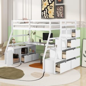 twin size loft bed with stairs and desk, wood loft beds with cabinet and 7 drawers, high loft bed frame with shelves and step for kids, teen, boys, girls, white